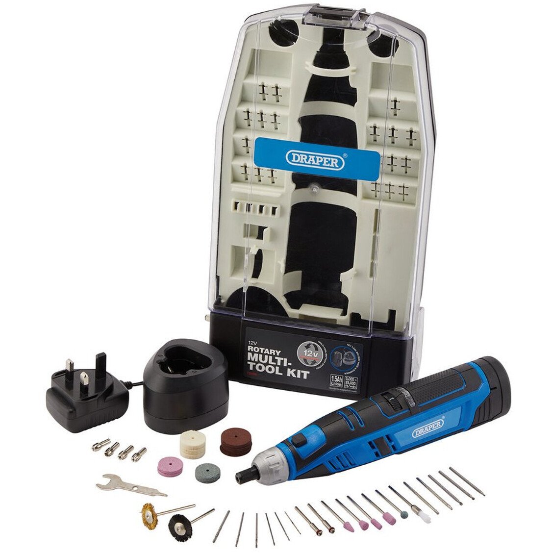 Draper 70298 12V Rotary Multi-Tool Kit, 1 x 1.5Ah Battery, 1 x Fast Charger (50 Piece) from ...